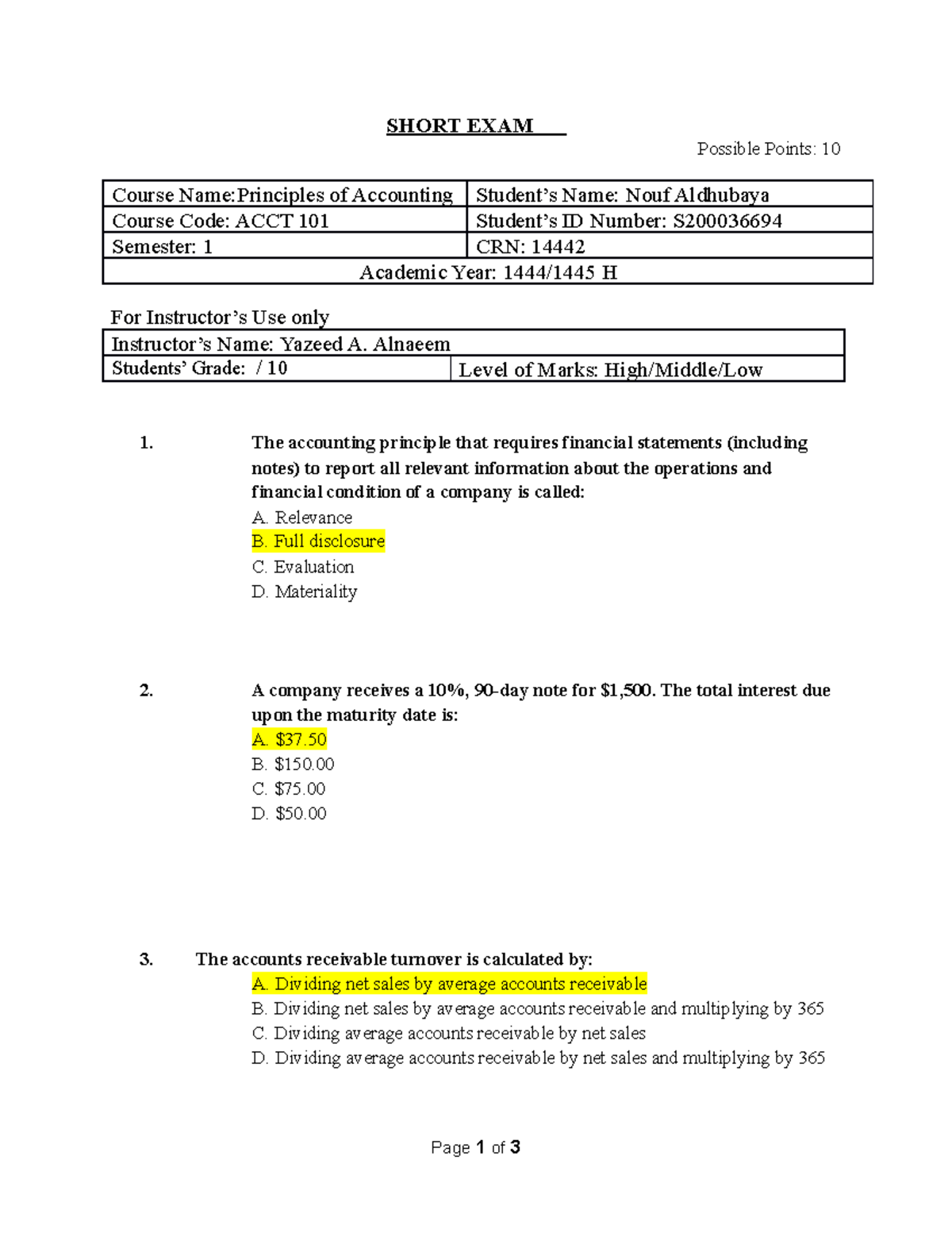 ACCT 101 Short Exam - Assignment - SHORT EXAM Possible Points: 10 ...