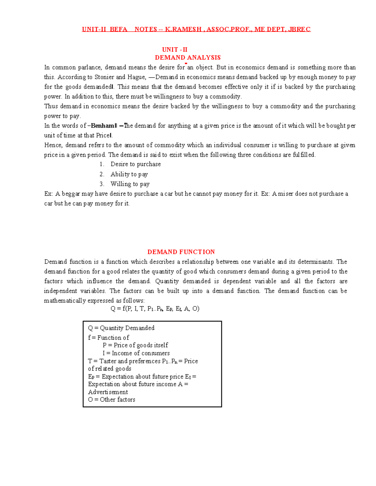 UNIT-2 BEFA - Befa unit 2 notes - Q = Quantity Demanded f = Function of ... UNIT-2 BEFA - Befa unit 2 notes - Q = Quantity Demanded f = Function of ...