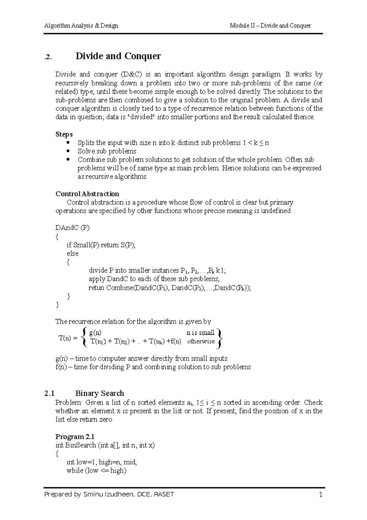 Module II - Lecture notes 5-7 - .2. Divide and Conquer Divide and ...