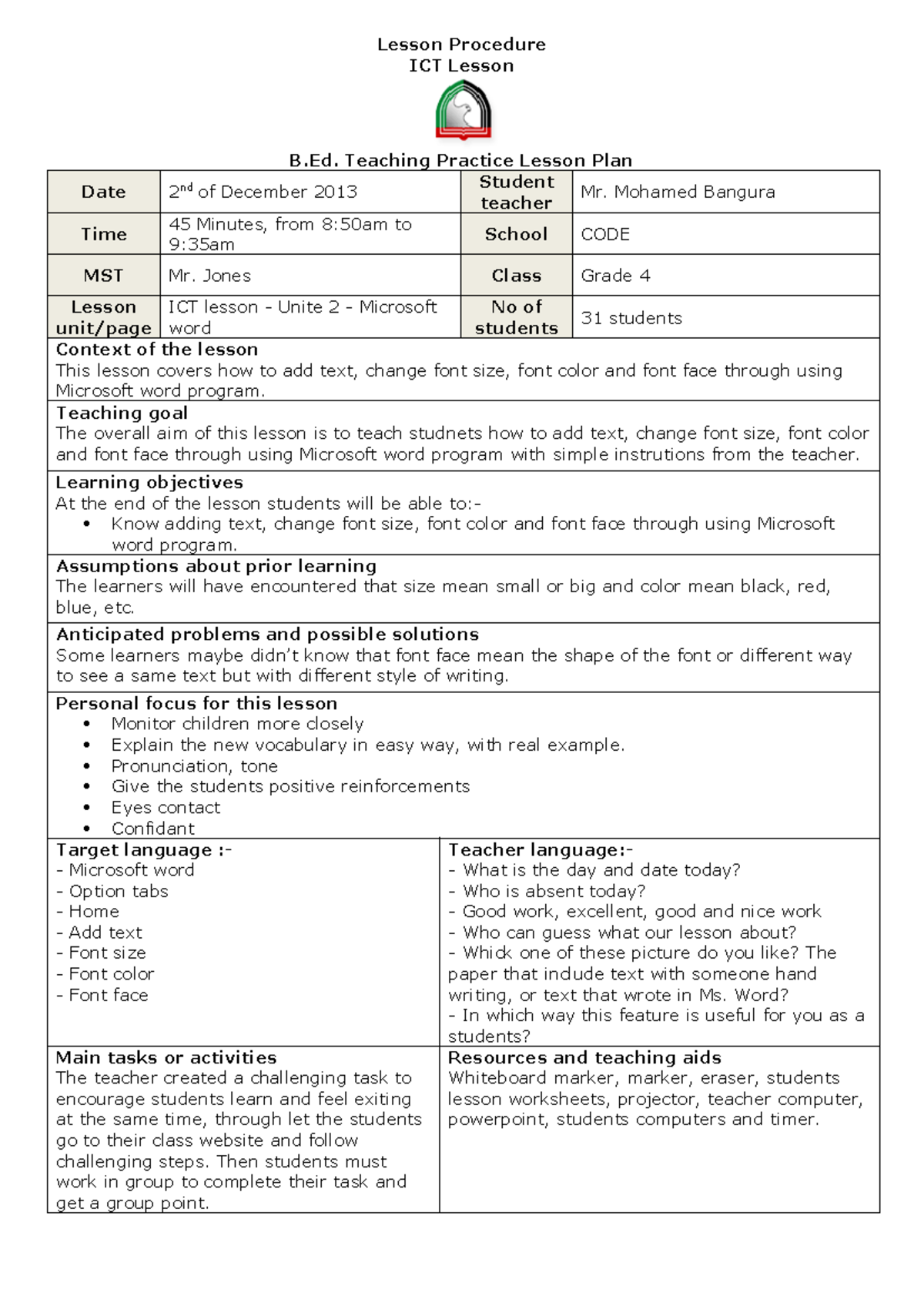 188316288 ict lesson plan ms word - Lesson Procedure ICT Lesson B ...