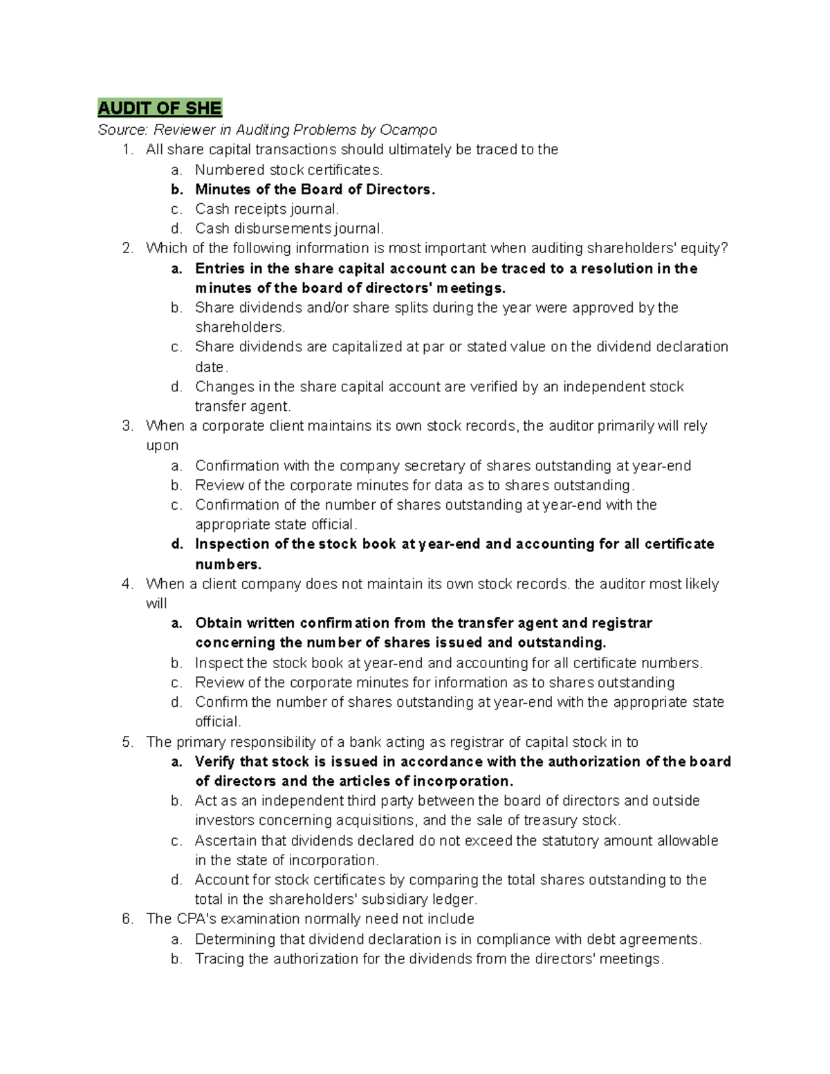 Audit of SHE-Practice Exercises - AUDIT OF SHE Source: Reviewer in ...