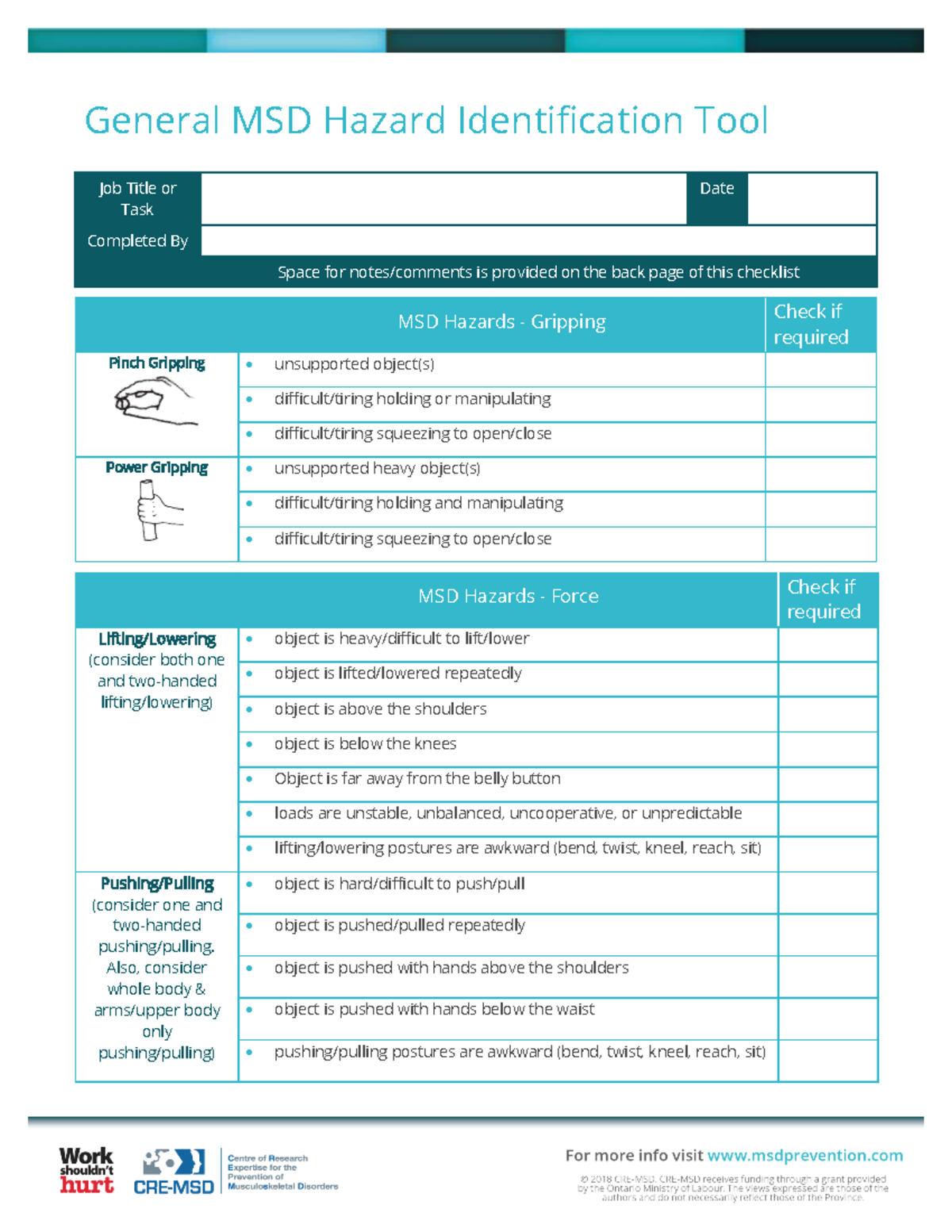 Herramienta musculoesqueletica - General MSD Hazard Identification Tool ...