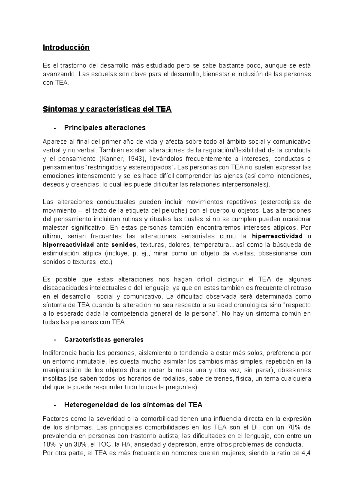 Tema 3. TEA - Resumen del tema 3, TEA (trastorno del espectro autista ...
