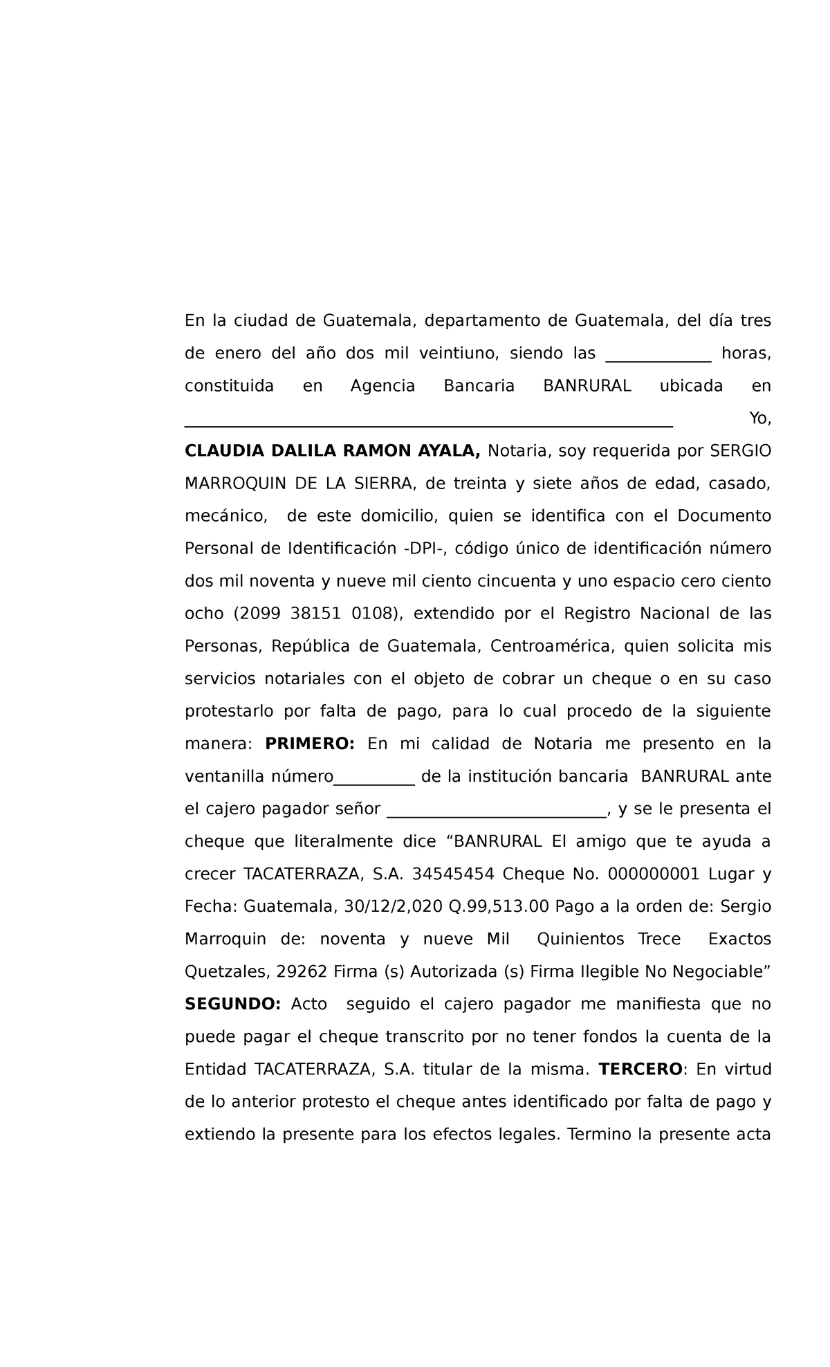 Acta Notarial de protesto cheque - En la ciudad de Guatemala ...