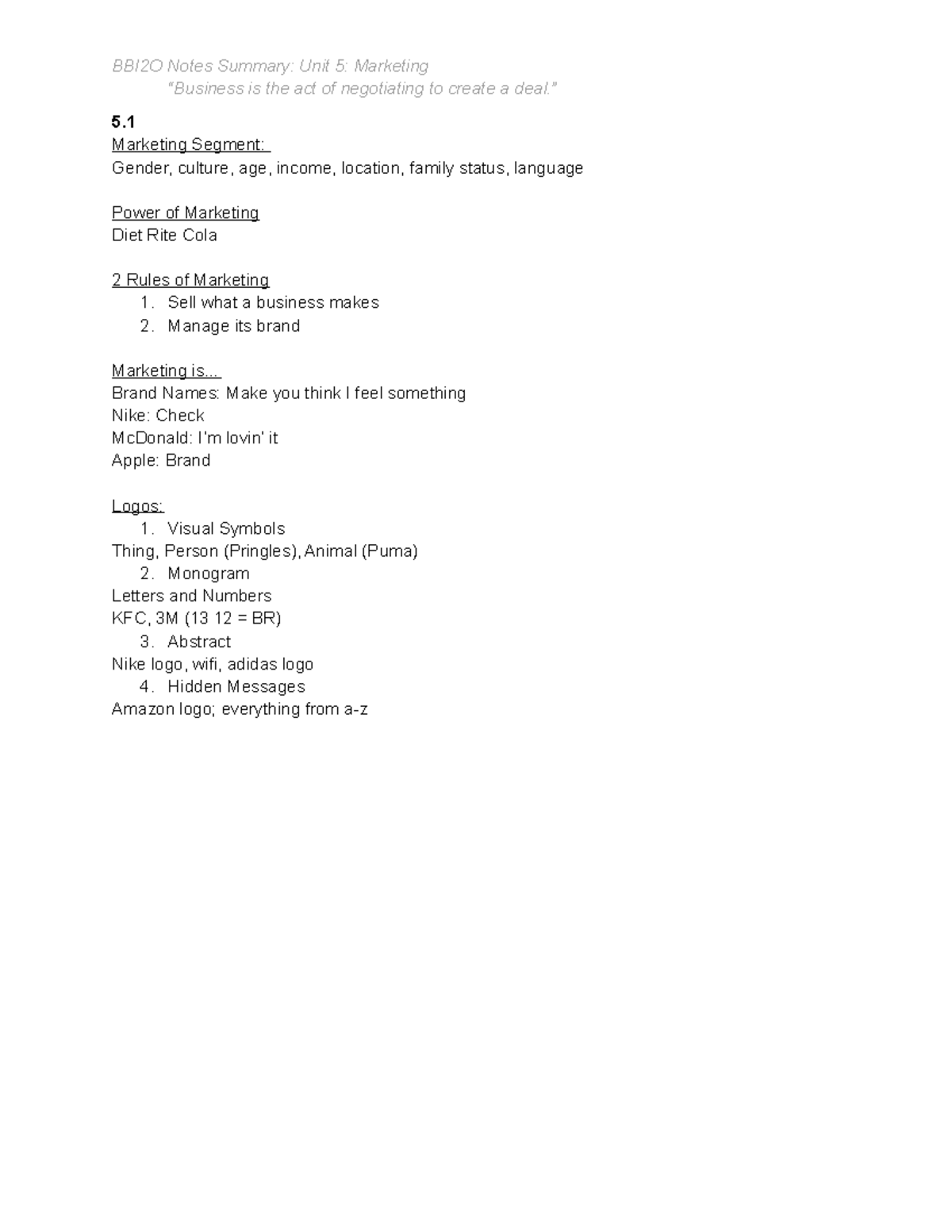 Unit 5 Marketing - Introduction To Business - BBI2O - “Business is the ...