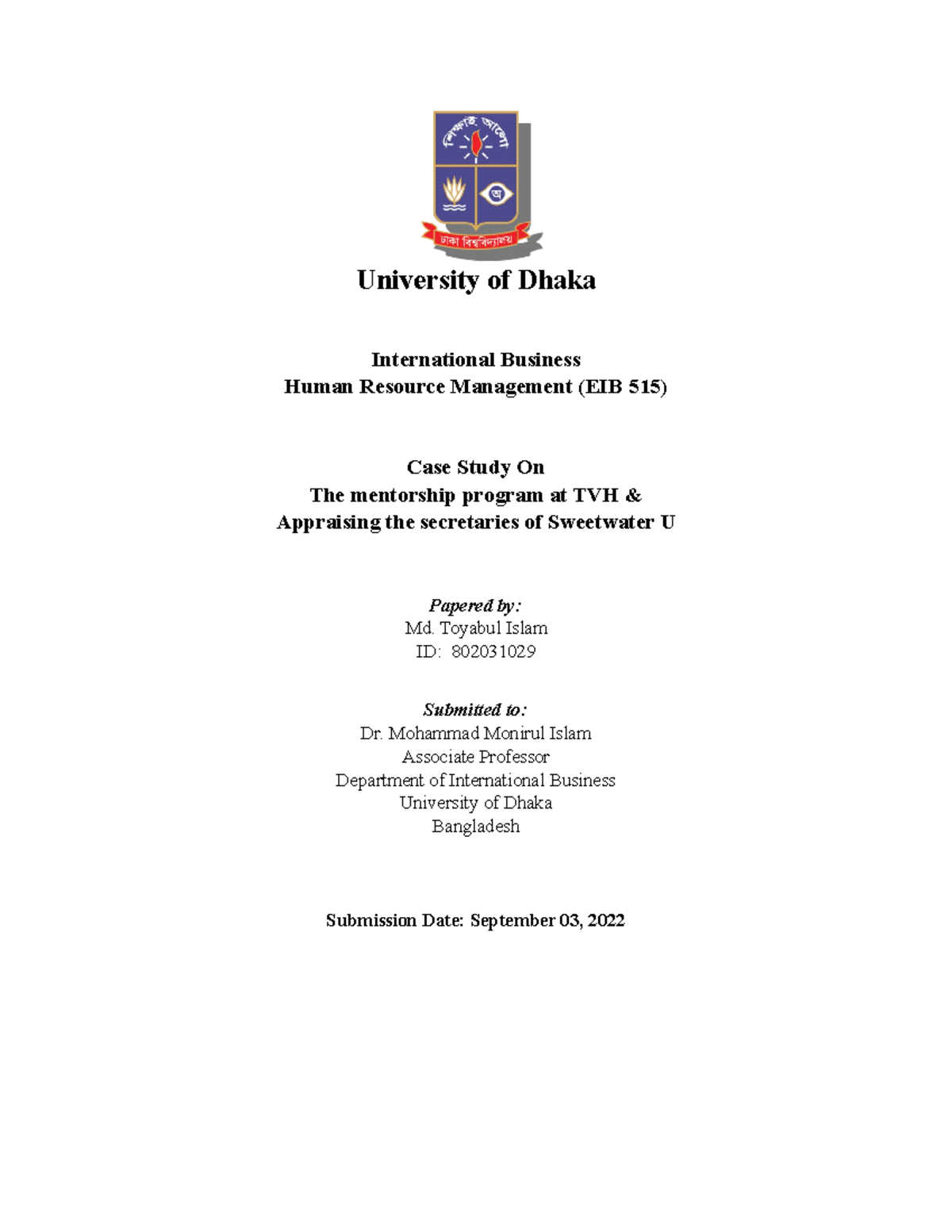Case 9 - University of Dhaka International Business Human Resource Management (EIB 515) Case ...
