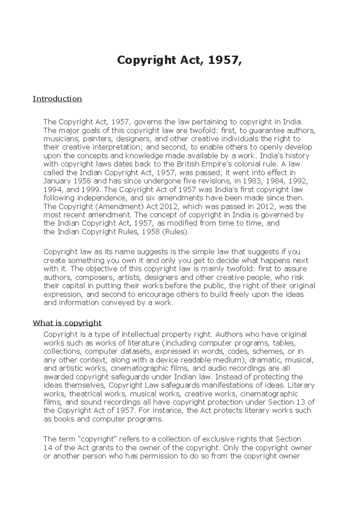 Copyright Act Notes - Copyright Act, 1957, Introduction The Copyright ...