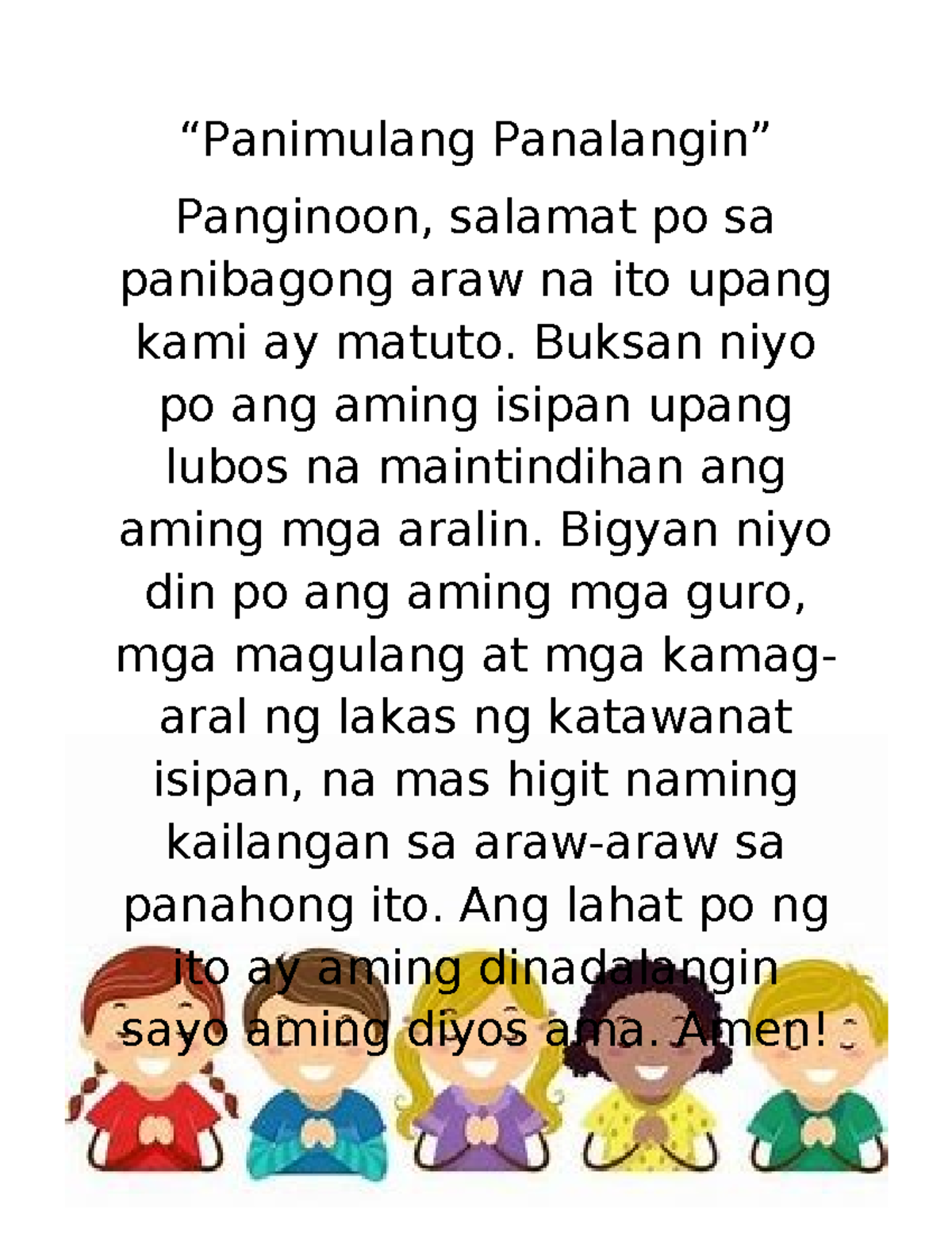 Panimulang Panalangin - “Panimulang Panalangin” Panginoon, salamat po sa panibagong araw na ito ...