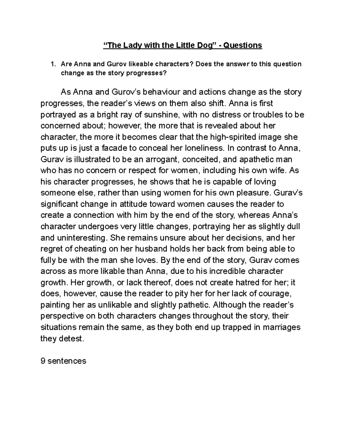 “The Lady with the Little Dog” - Questions - Are Anna and Gurov ...