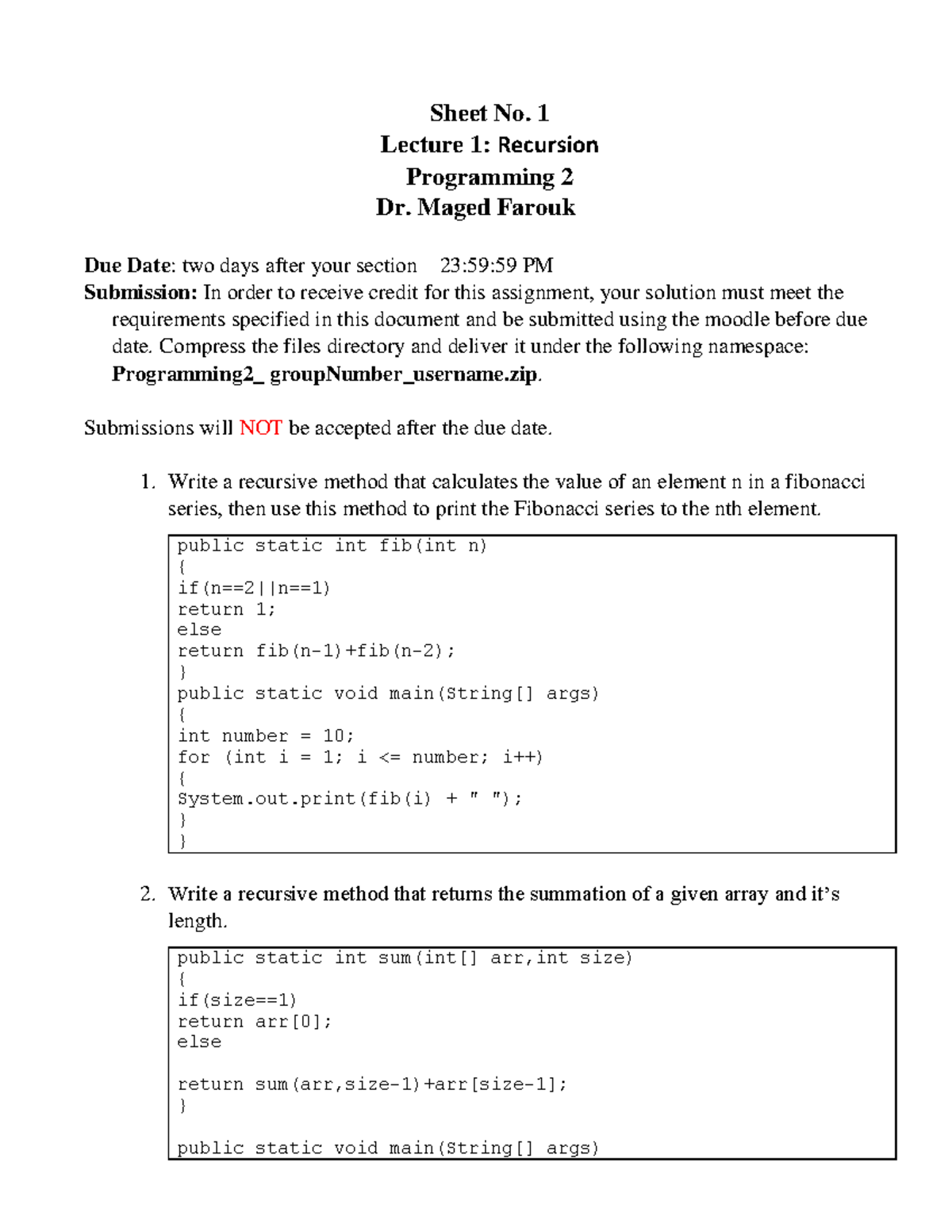 Sheet 1 solutions - programming question using java - Sheet No. 1 Lecture 1: Recursion ...