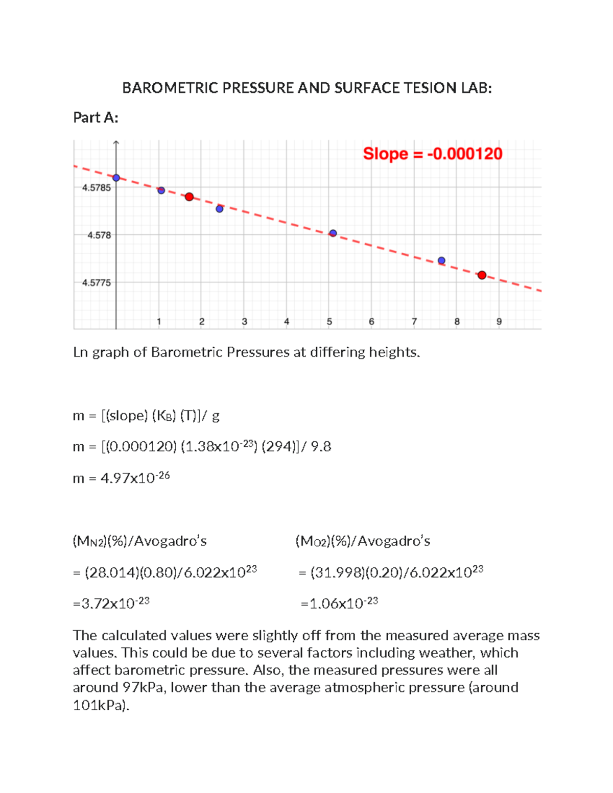 Barometric Pressure and Surface Tension Lab - BAROMETRIC PRESSURE AND ...