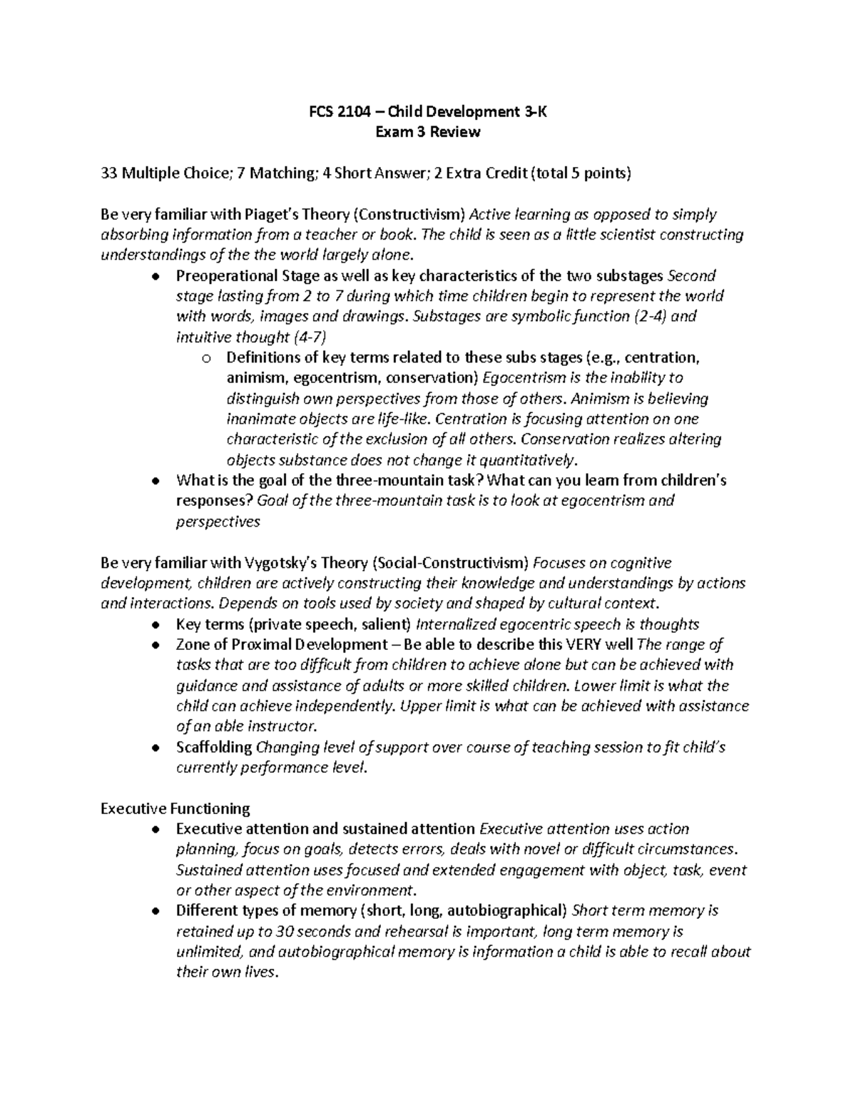 FCS 2104- Exam 3 Review - FCS 2104 – Child Development 3-K Exam 3 ...