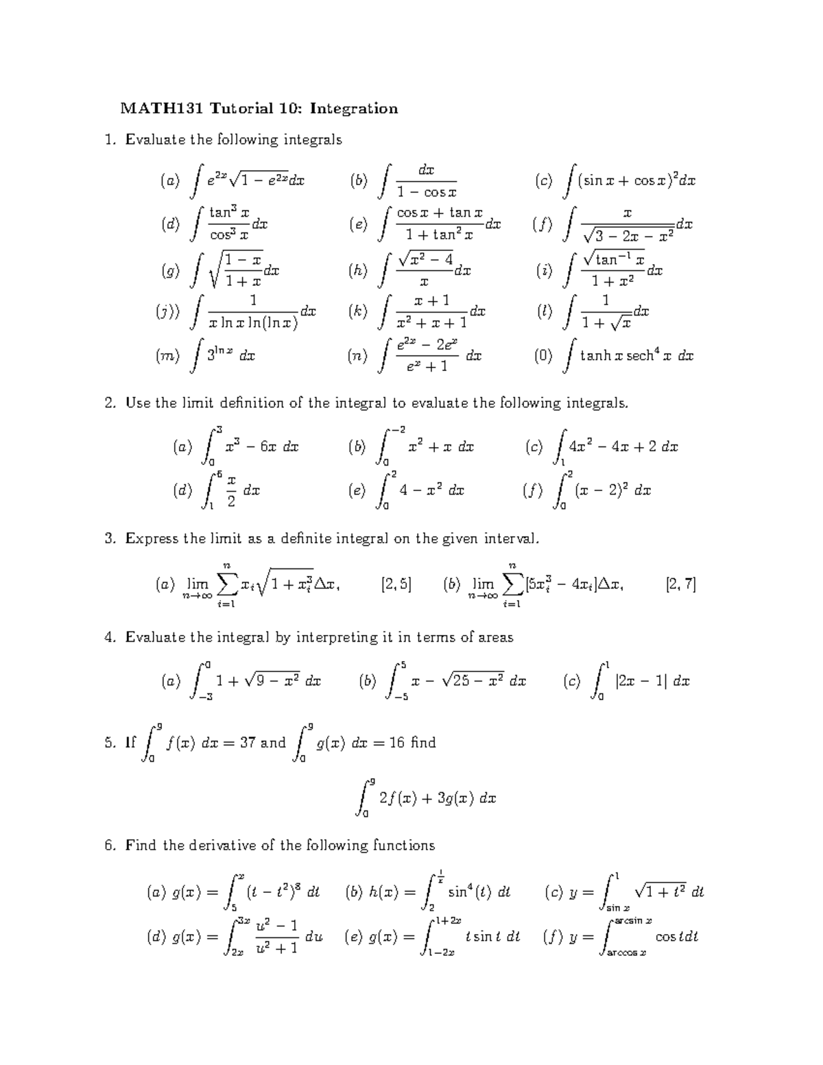 MATH 131 Tutorial 10 2024 - MATH131 Tutorial 10: Integration Evaluate ...