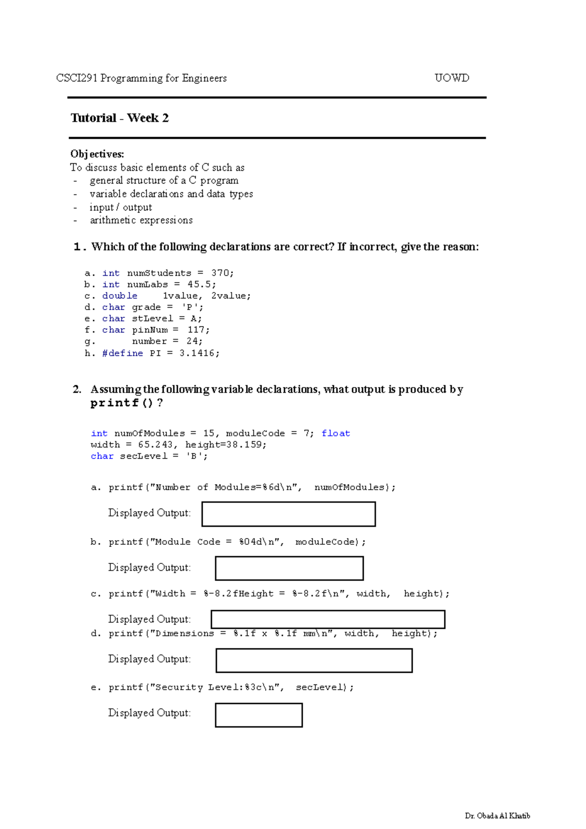 CSCI291-Tut 1 - CSCI291 tutorial 1 week 1 - CSCI291 Programming for Engineers UOWD Tutorial ...