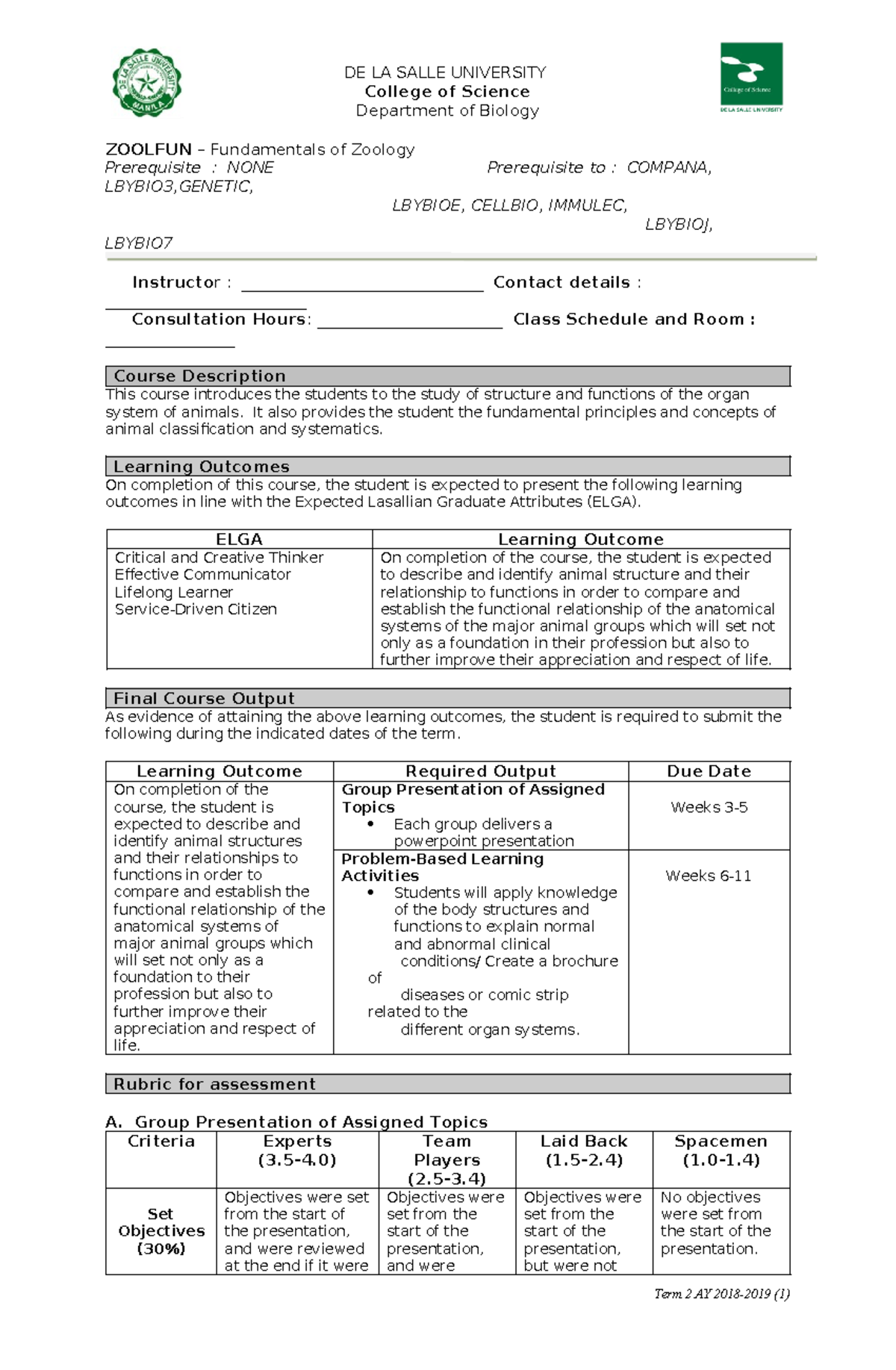 Zoolfun - Syllabus in Zoology - DE LA SALLE UNIVERSITY College of ...