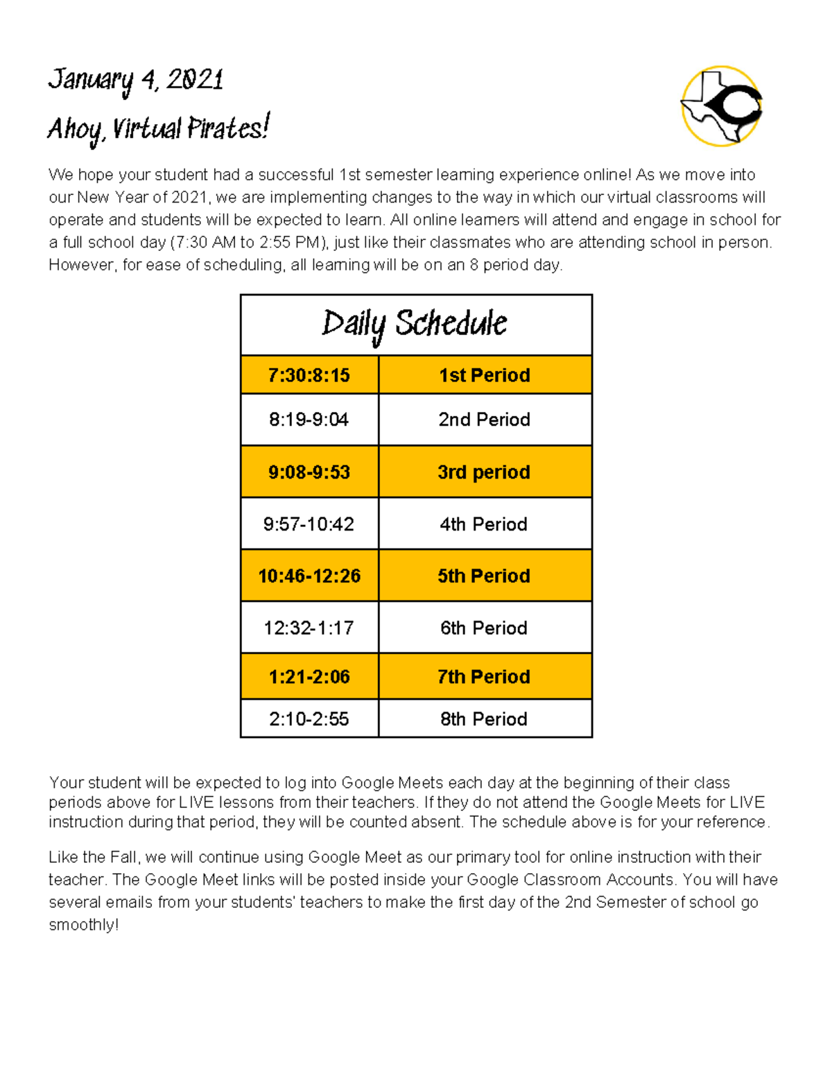 2nd Semester Virtual High School Shedule - January 4, 2021 Ahoy ...