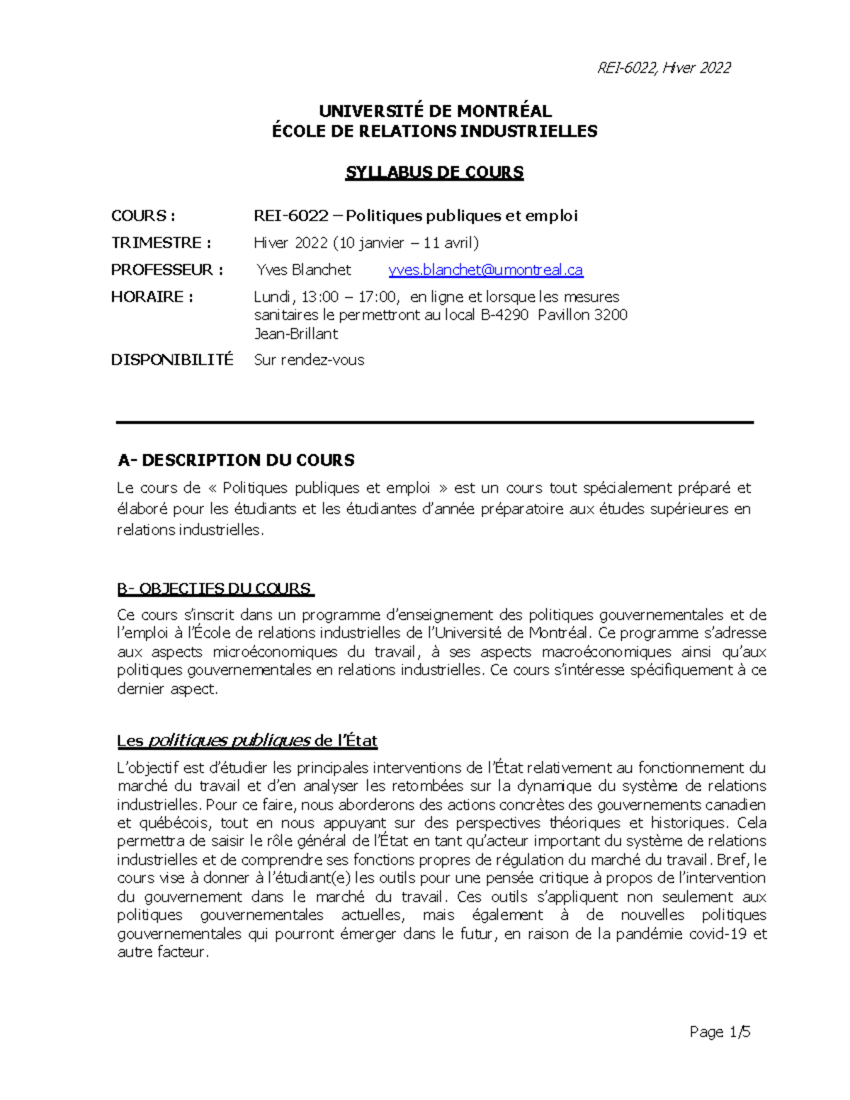 Plan de cours - Politiques publiques et emploi - REI6022 - UdeM - Studocu