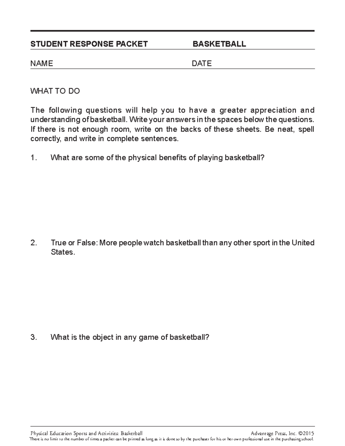 Basketball Student Worksheet 1 - Advantage Press, Inc. © There is no ...
