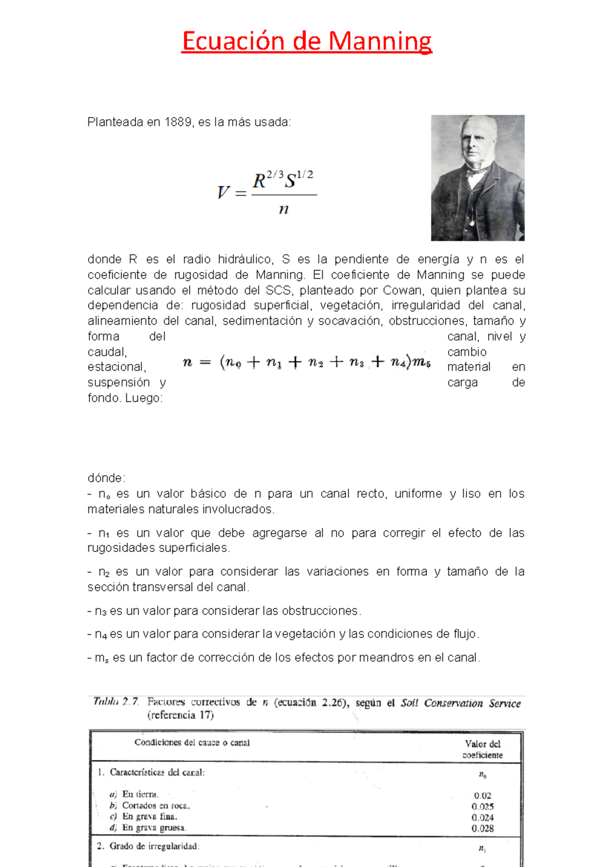 Ecuacion de Manning - Ecuación de Manning Planteada en 1889, es la más ...