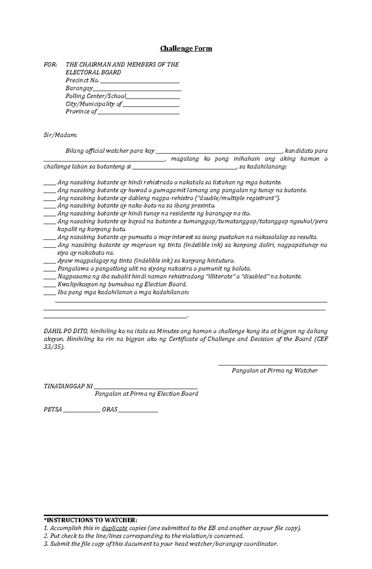 Election Challenge Form (Philippines) - Challenge Form FOR: THE ...