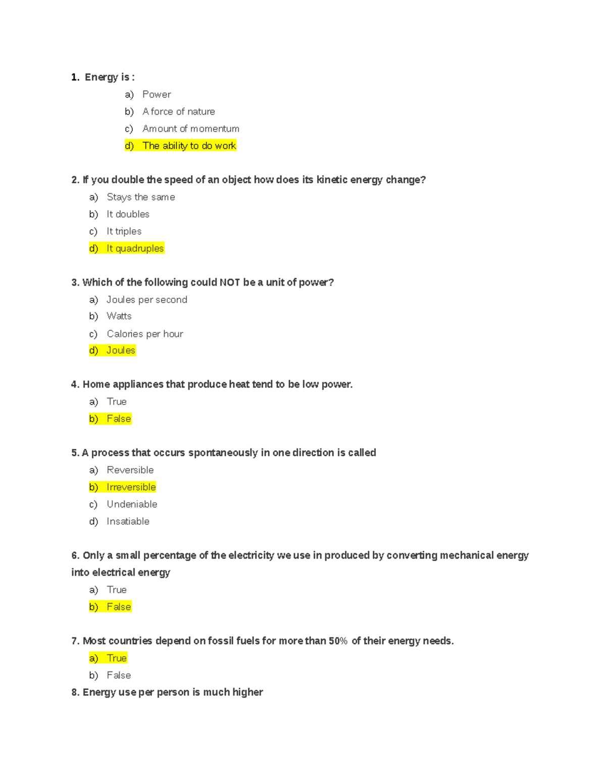 PHYS EXAM Banks Final Study ONLY THIS - 1. Energy is : a) Power b) A ...