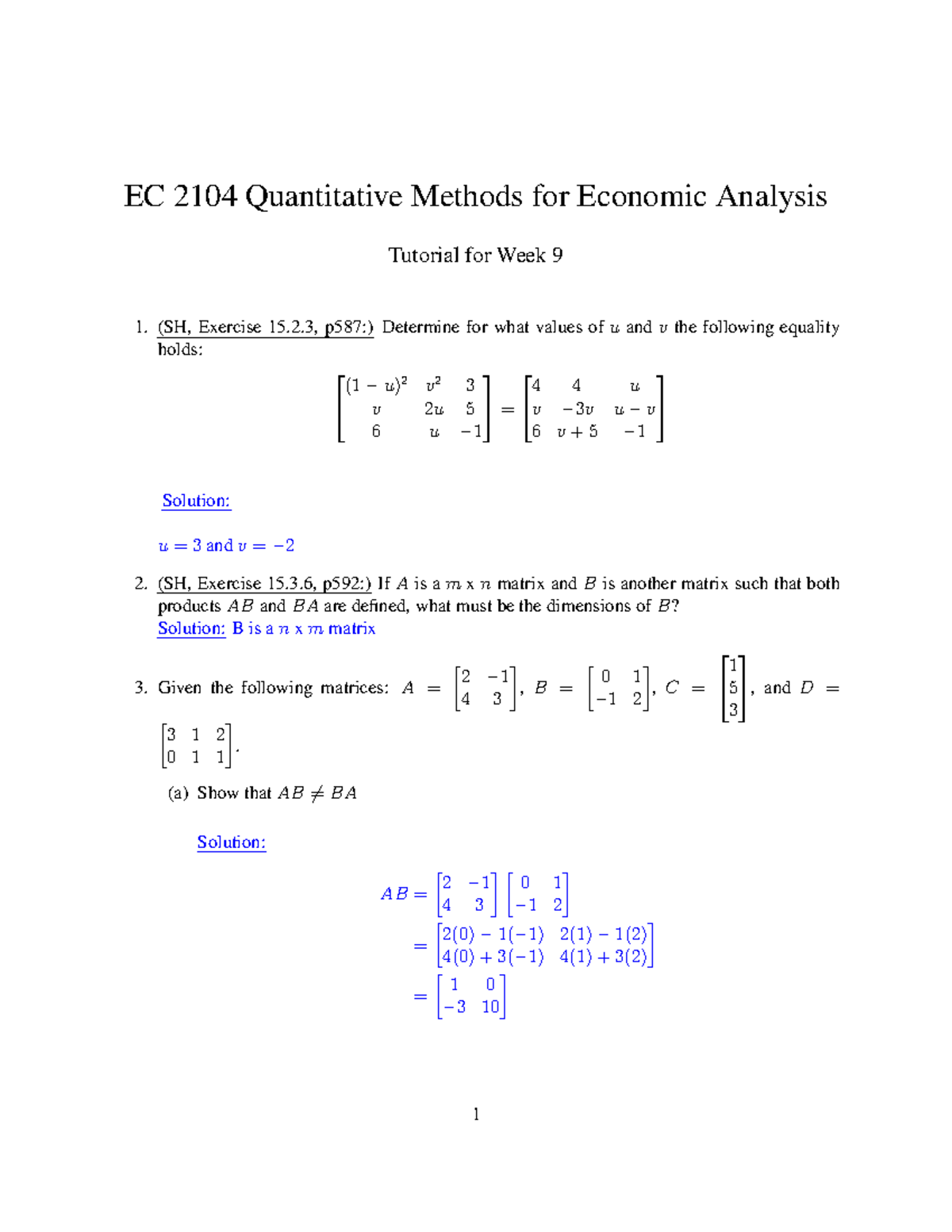 Tutorial Week 9 Solution - EC 2104 Quantitative Methods for Economic Analysis Tutorial for Week ...