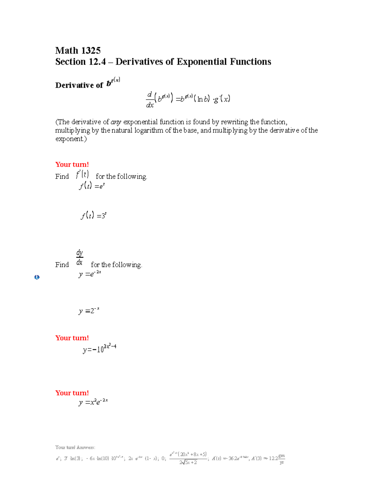 Section 12.4 - Derivatives of Exponential Functions - Math 1325 Section ...