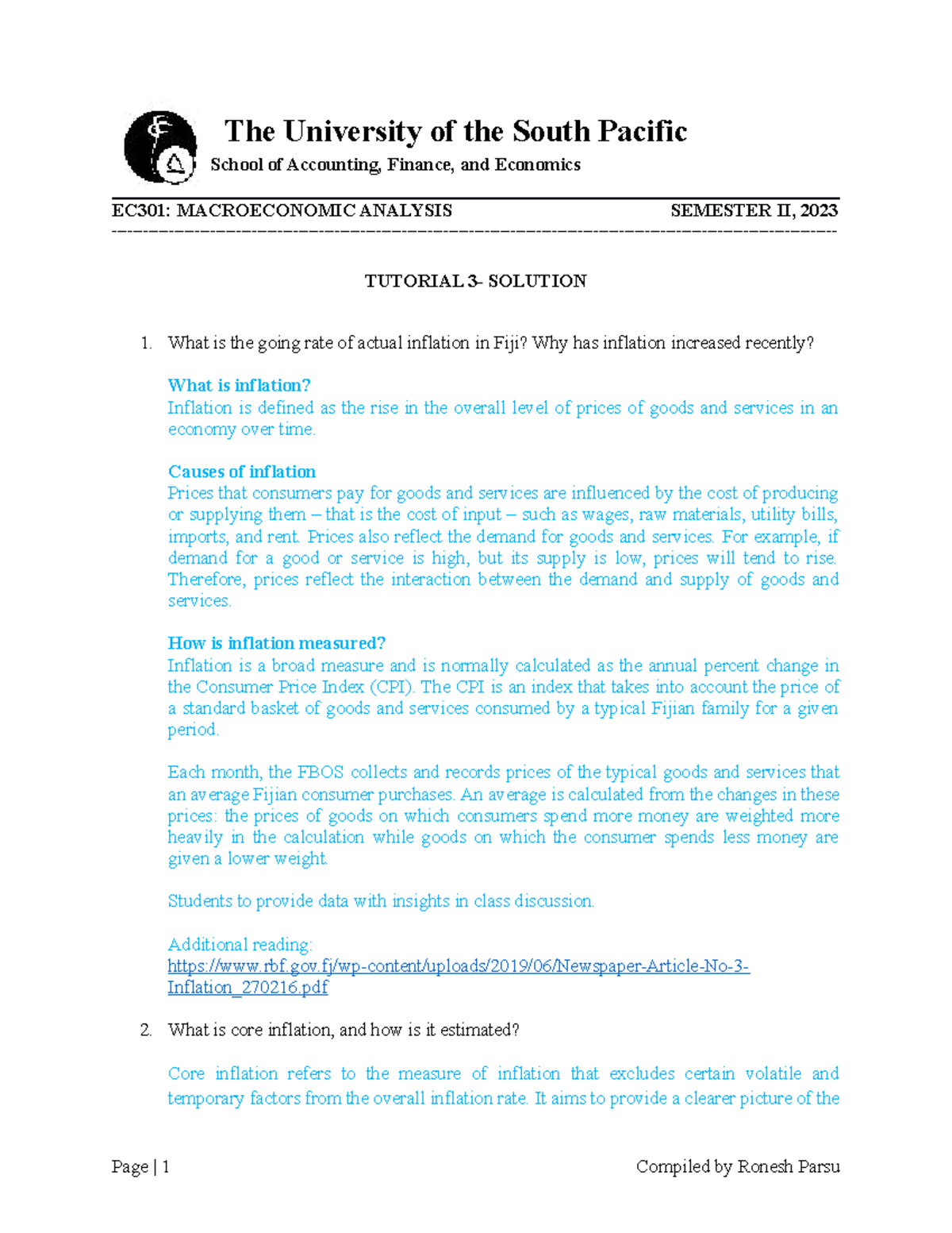 Tutorial solution - The University of the South Pacific School of ...
