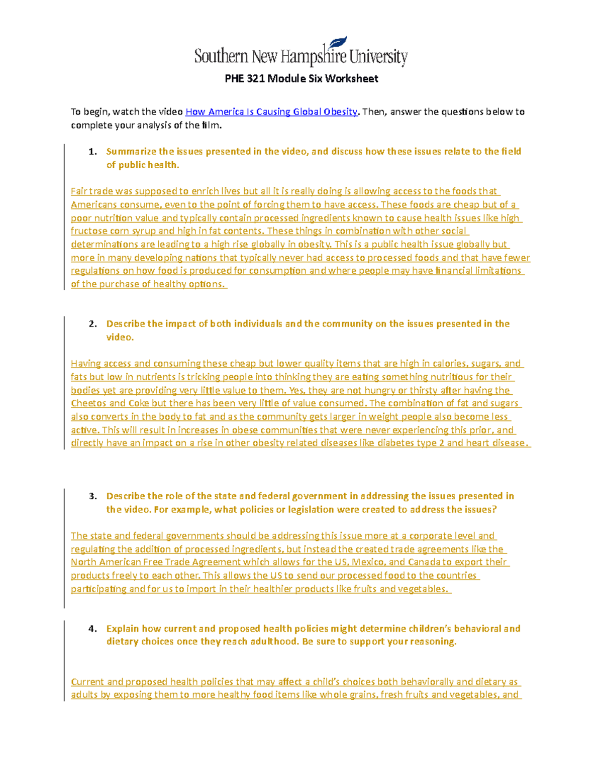 PHE 321 Module Six Worksheet - PHE 321 Module Six Worksheet To begin ...