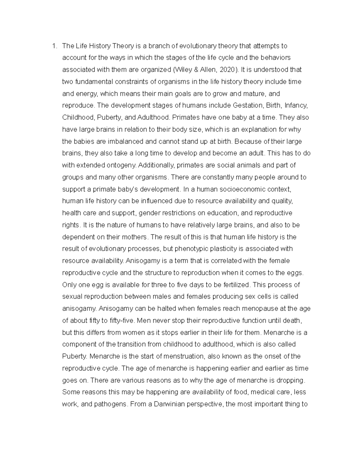 ANTH 1210 assignment - aronsen - The Life History Theory is a branch of ...