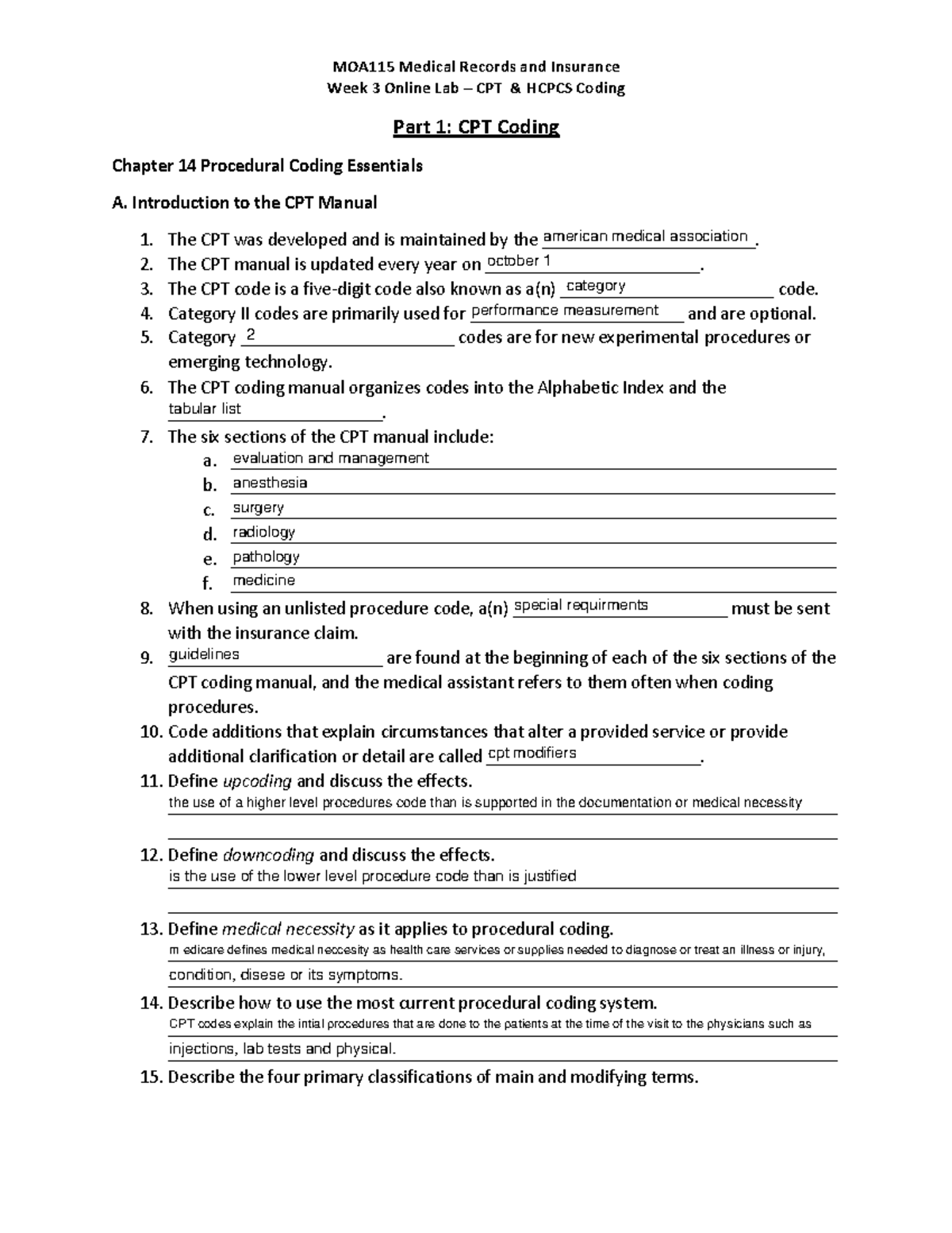Week 3 Online Lab - NOTES - MOA115 Medical Records and Insurance Week 3 ...