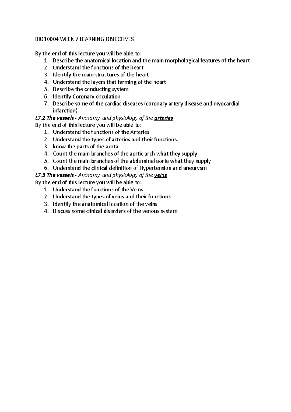 WEEK 7 Learning Objectives - BIO10004 WEEK 7 LEARNING OBJECTIVES By the end of this lecture you ...