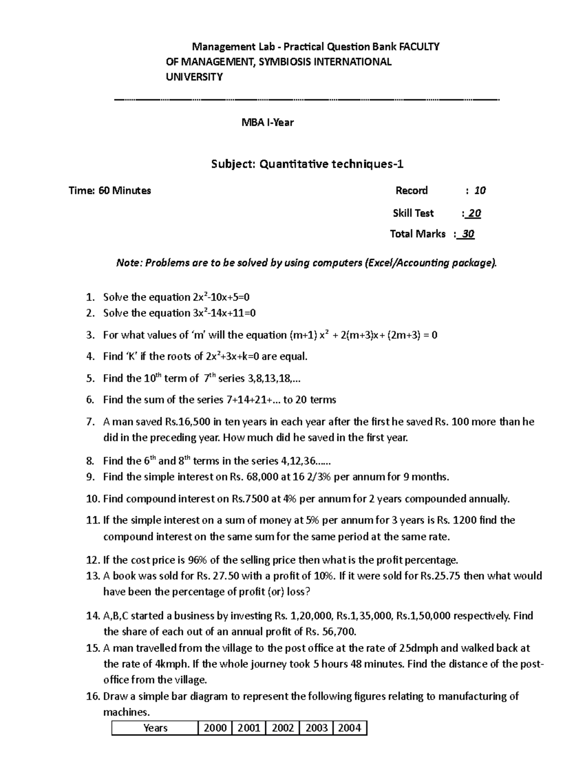 Quantitative techniques- Assignment - Management Lab - Practical Question Bank FACULTY OF - Studocu