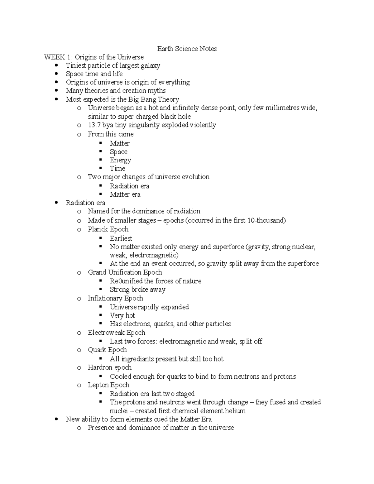 Earth Science Notes - Earth Science Notes WEEK 1: Origins of the ...