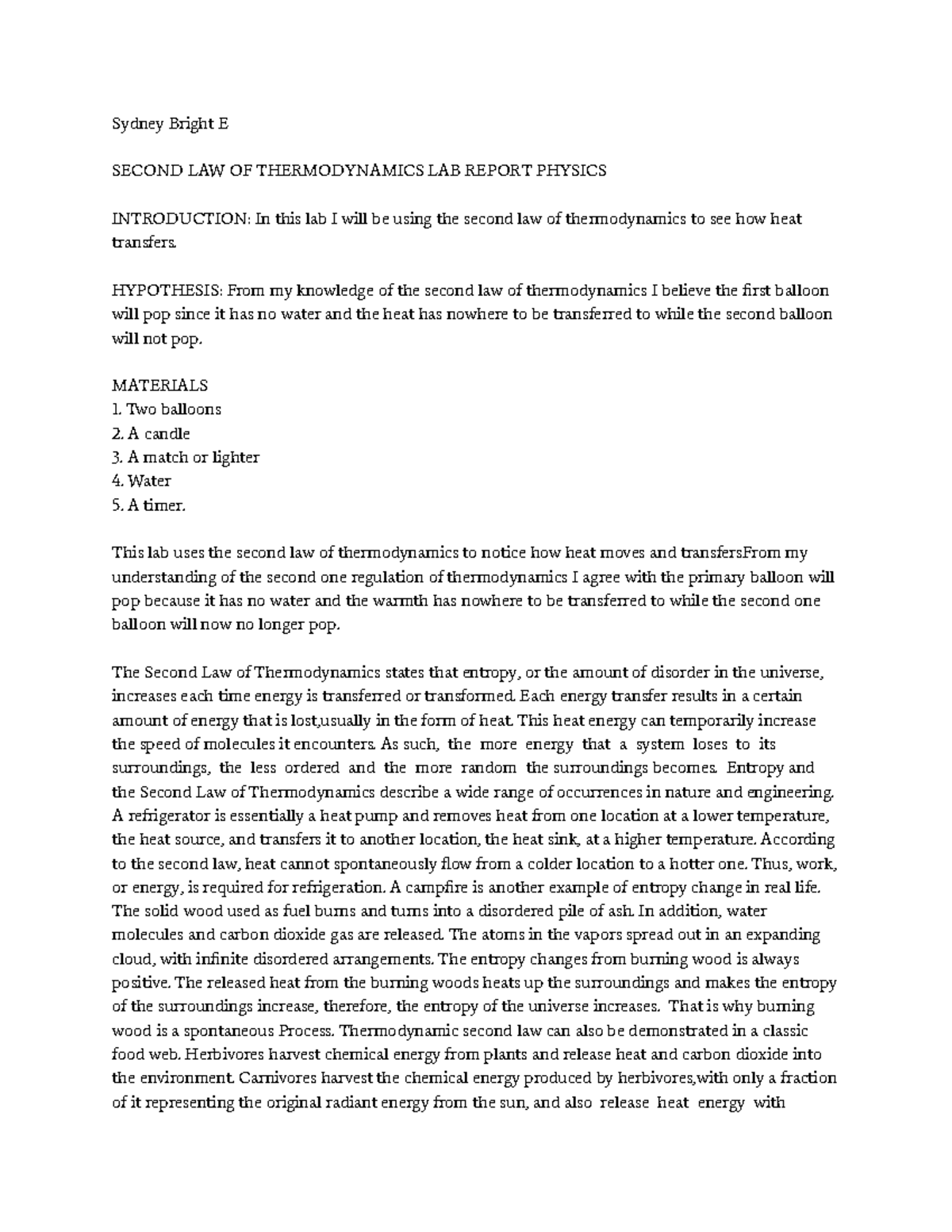 Physics lab 2nd law - Sydney Bright E SECOND LAW OF THERMODYNAMICS LAB ...