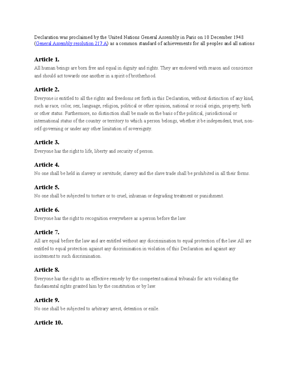 Universial Declaration of Human Rights 10 December 1948 - Declaration ...