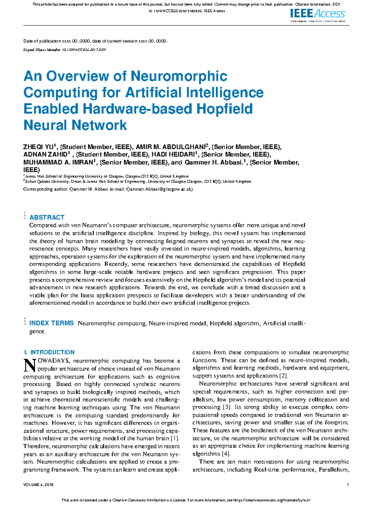 An Overview of Neuromorphic Computing for Artifici - 10.1109/ACCESS.2020, IEEE Access Date of ...