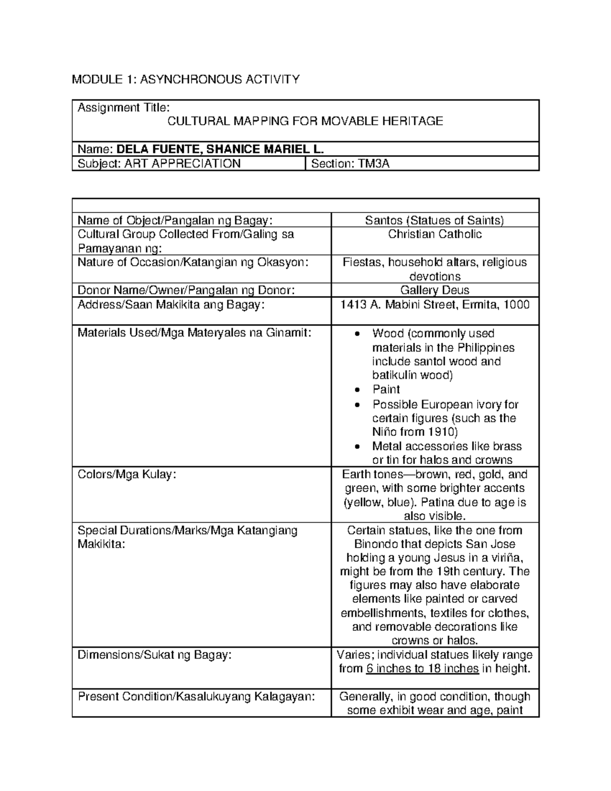 Module 1 Activity 1 Art App - MODULE 1: ASYNCHRONOUS ACTIVITY Assignment Title: CULTURAL MAPPING ...
