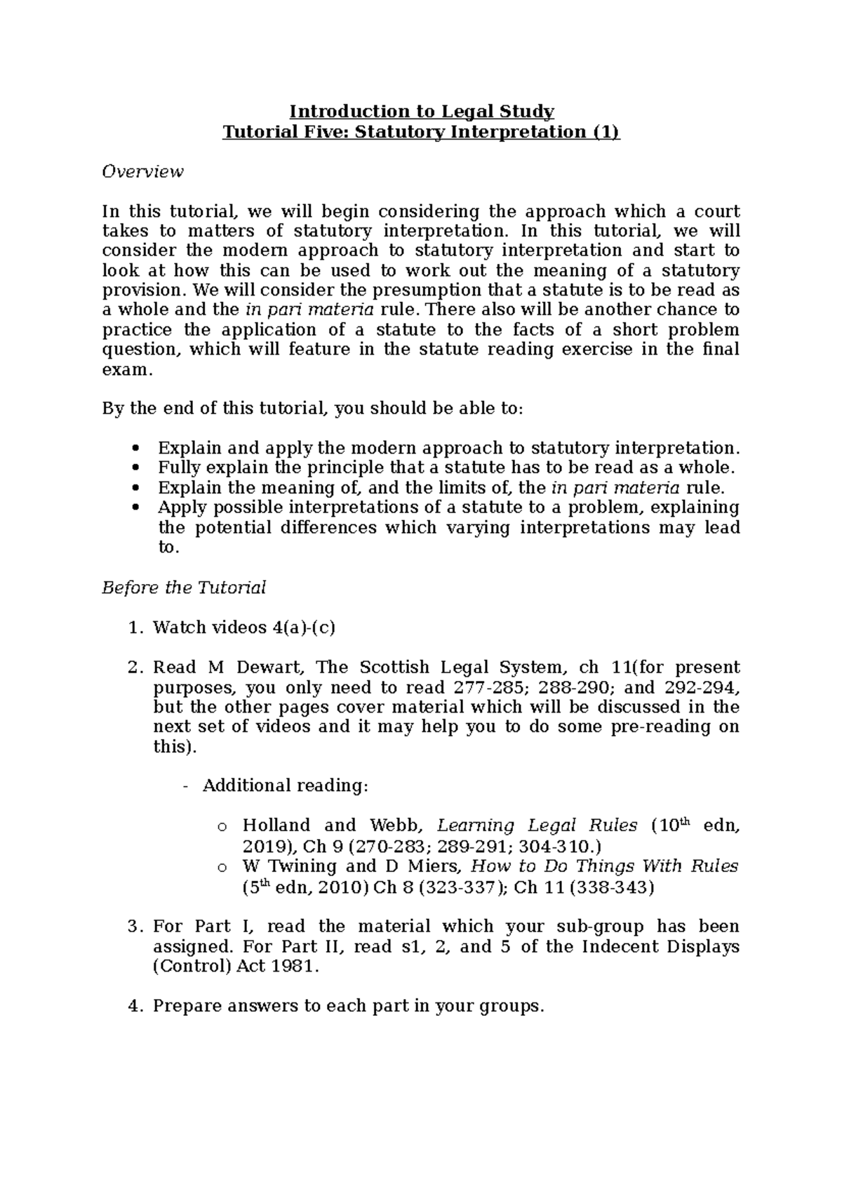 Tutorial 5 - Statutory Interpretation - Introduction to Legal Study ...