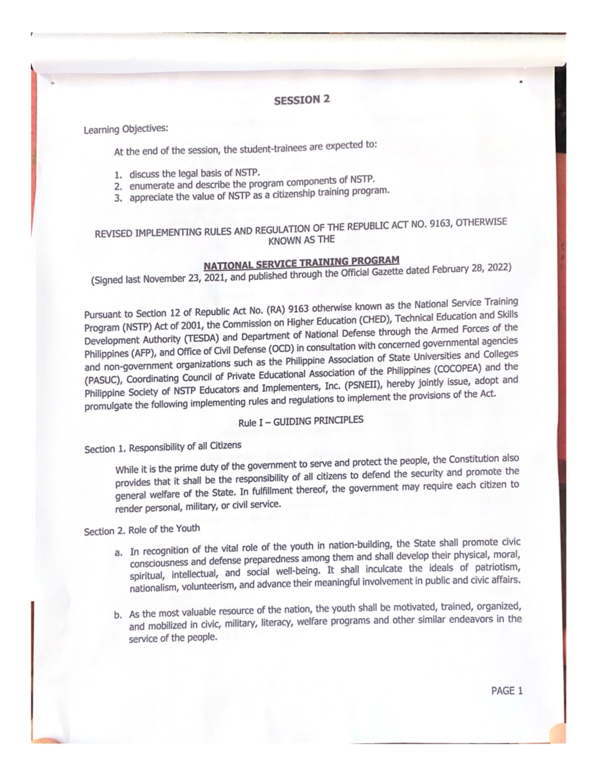 NSTP-print - NSTP NOTES 1ST SEM - SESSION 2 Learning Objectives: At the ...