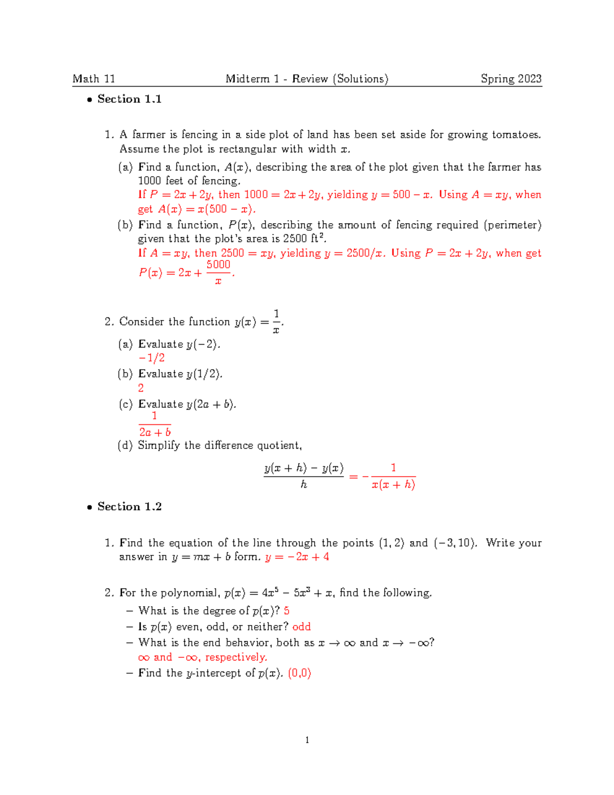 Math11 Review Exam1 sol - Section 1. A farmer is fencing in a side plot ...