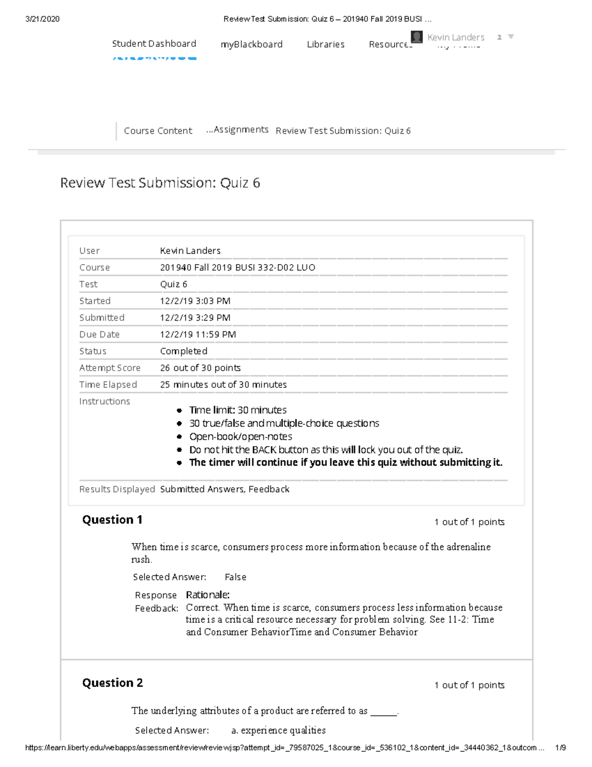 Review Test Submission Quiz 6 – 2019 40 Fall 2019 BUSI - Course Content ...