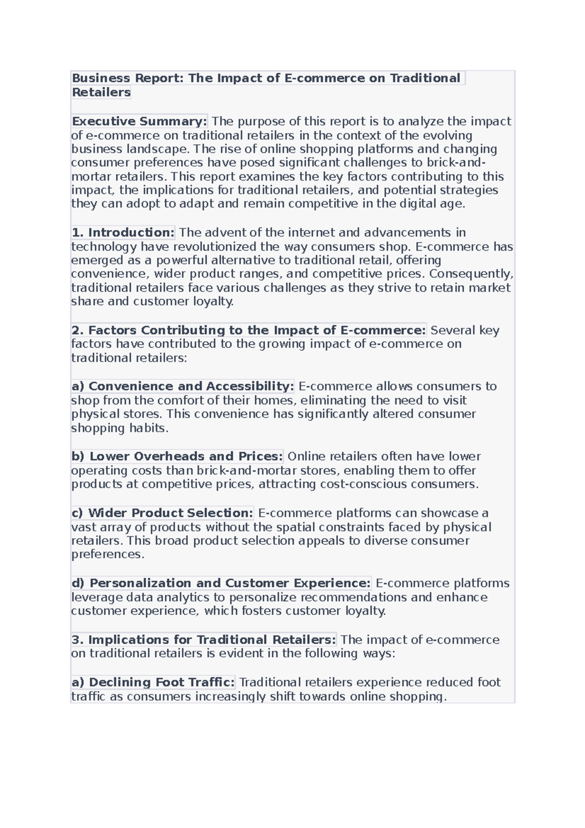 Document - Business Report: The Impact of E-commerce on Traditional ...