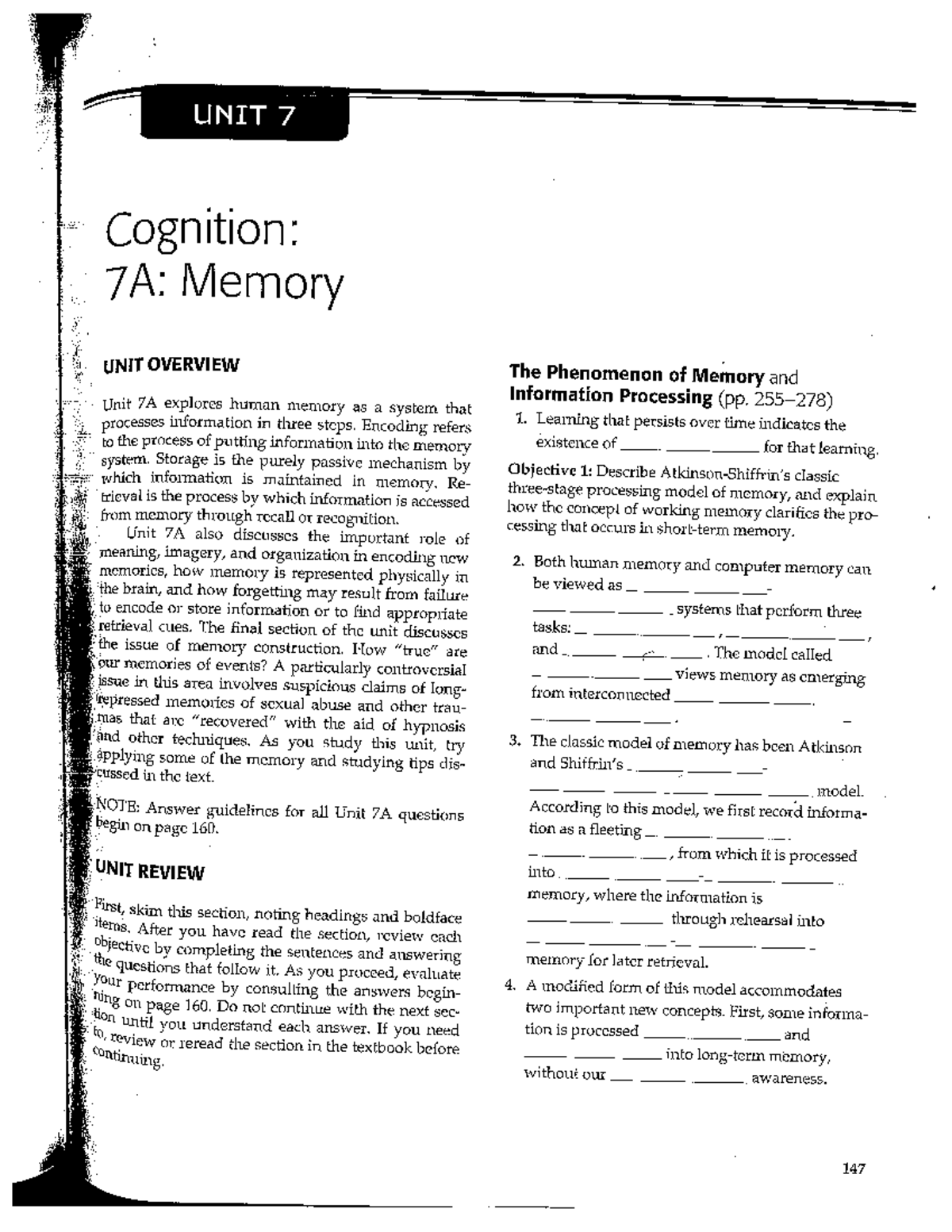 Unit VII A Guided Reading - UNIT 7 Cognition: 7A: Memory UNIT OVERVIEW ...