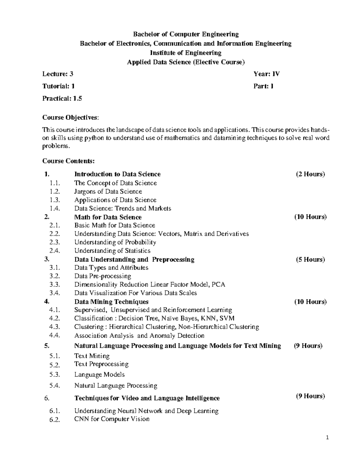 Syllabus Marks Distribution - 1 Bachelor of Computer Engineering ...