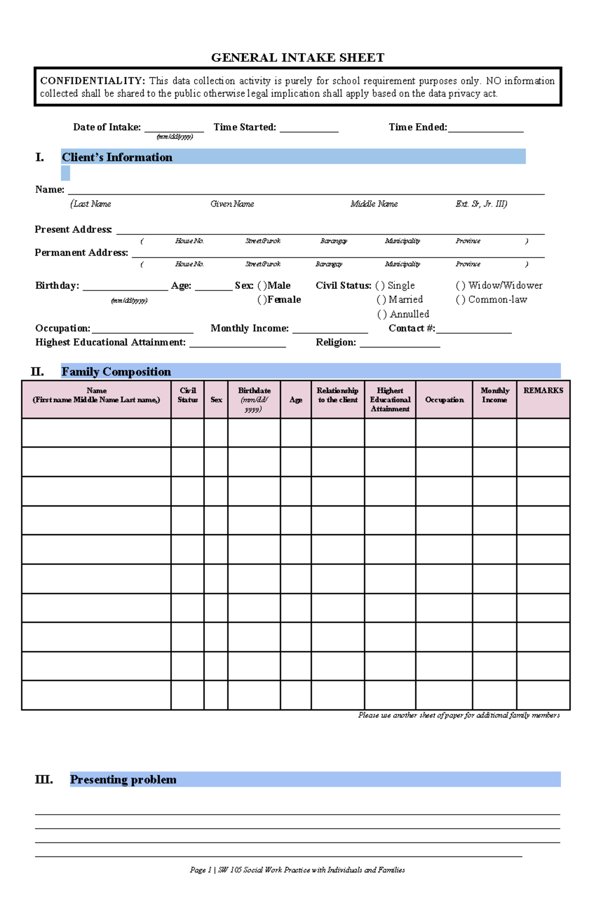 General- Intake- Sheet - GENERAL INTAKE SHEET CONFIDENTIALITY: This ...