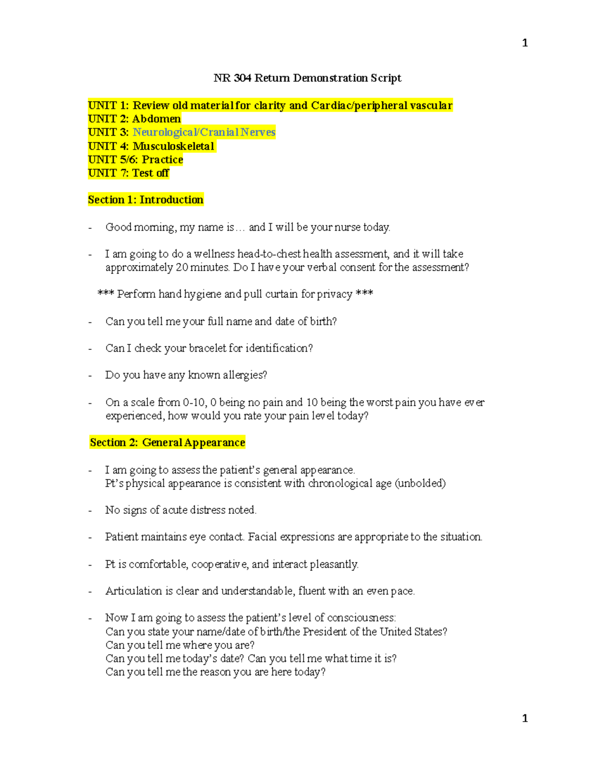 NR 304 Return Demonstration Script - Studocu