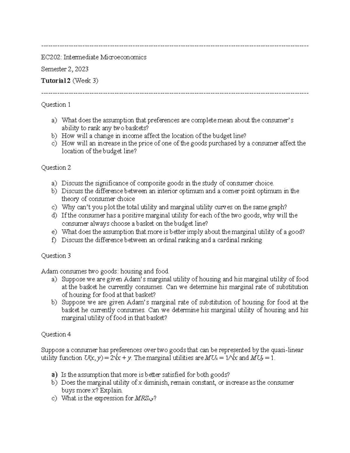 Tutorial 2 - solution - EC202: Intermediate Microeconomics Semester 2, 2023 Tutorial 2 (Week 3 ...