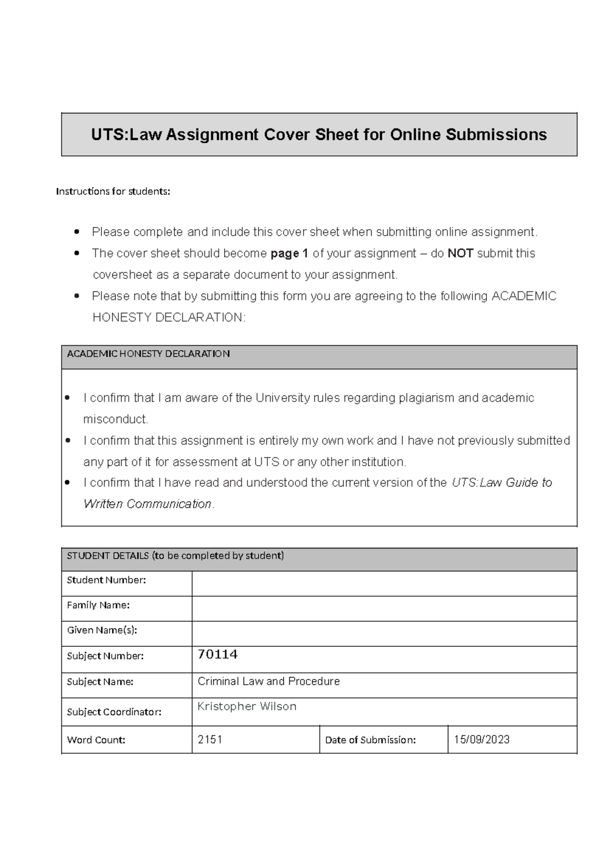 CRIM - Assignment - UTS:Law Assignment Cover Sheet for Online ...
