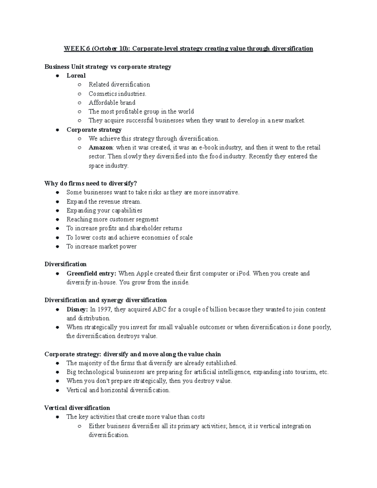 BUS 800 ( Lecture 6) - WEEK 6 (October 10): Corporate-level strategy ...